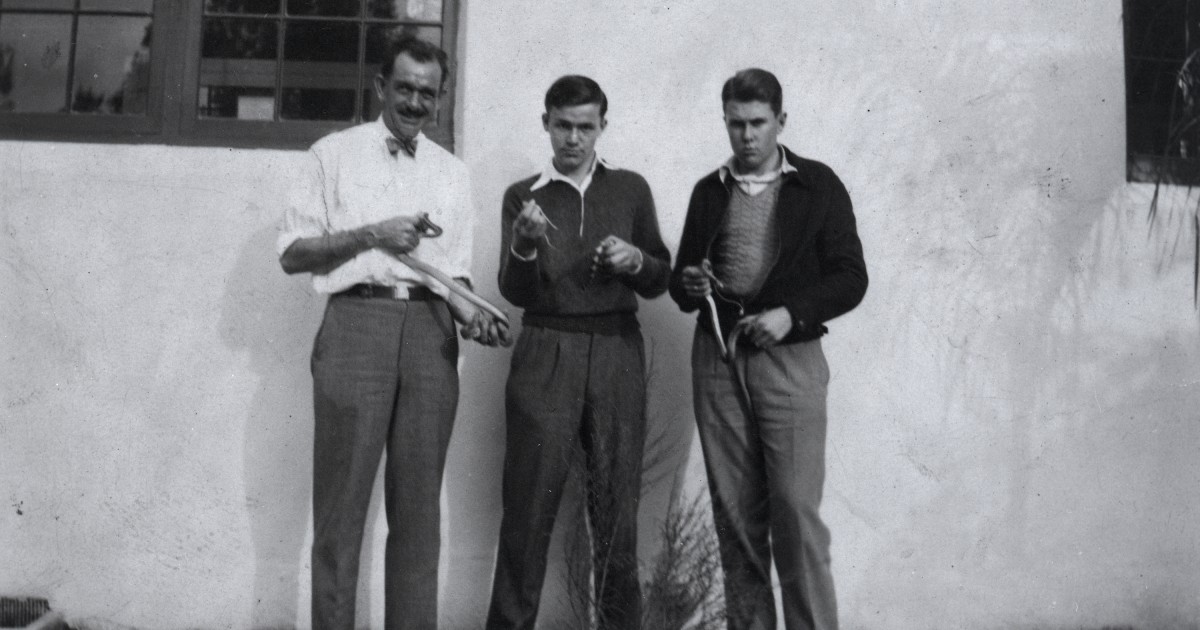 Reptile curator Si Perkins and young Sheldon Campbell and Chuck Shaw ...
